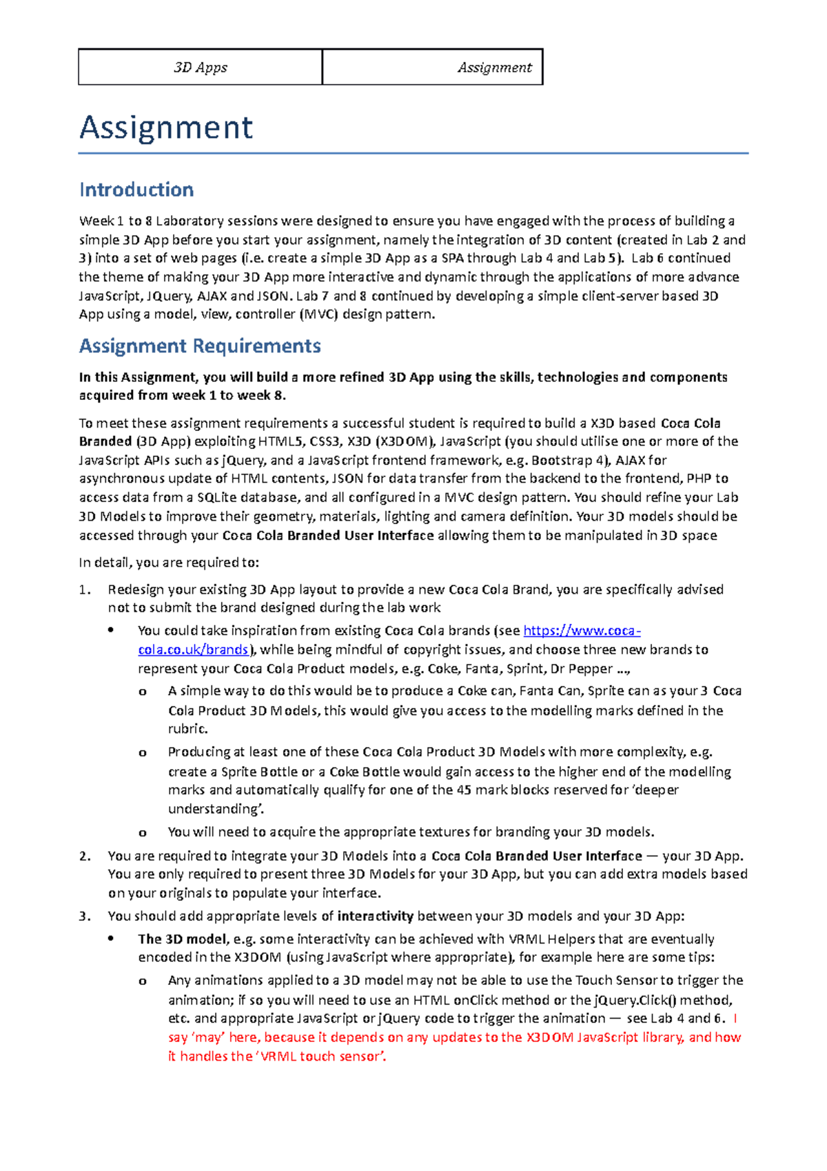 3DApp Assignment 2022 - 3D Apps Assignment Assignment Introduction Week 1 to 8 Laboratory ...