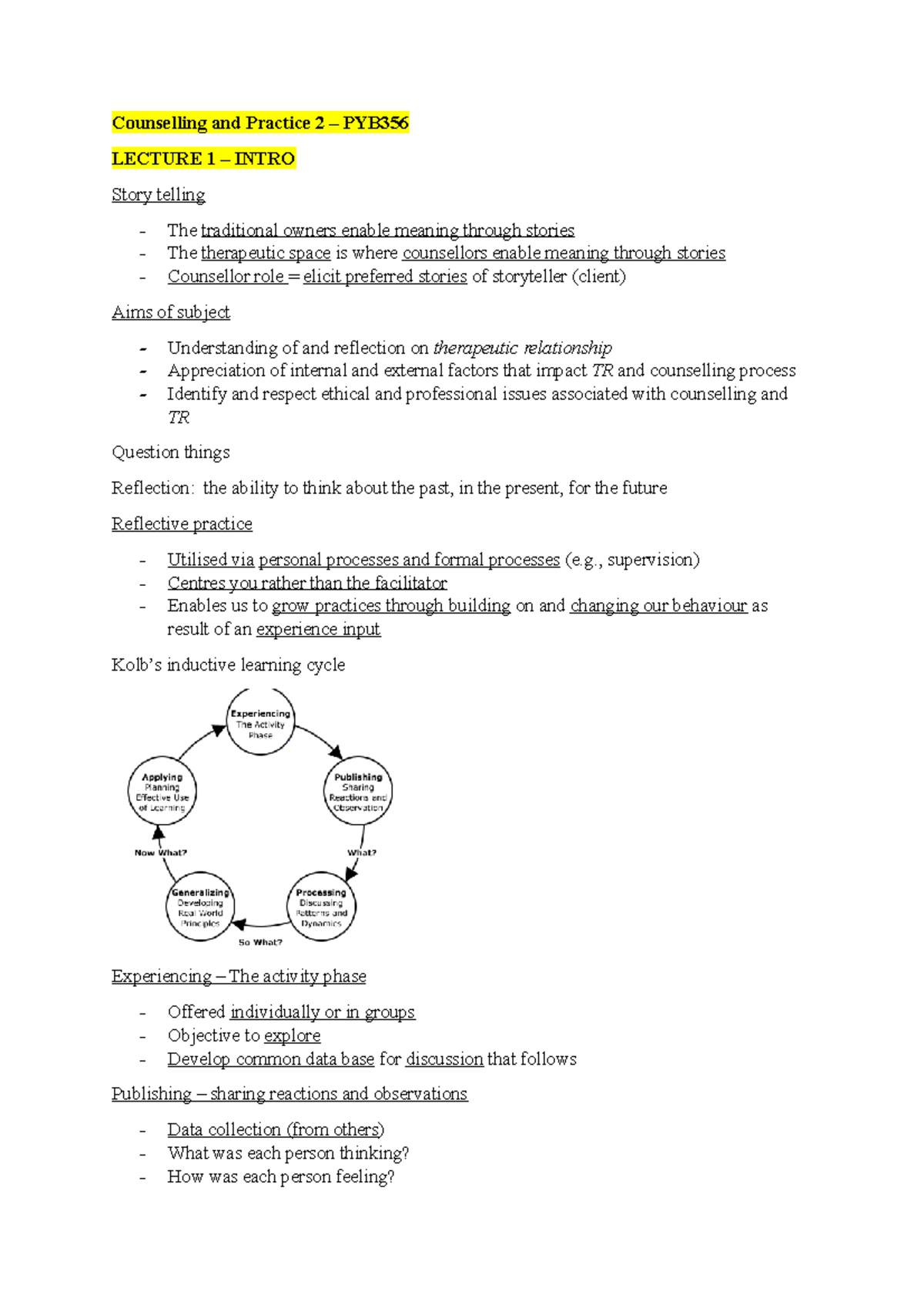 Pyb356 Lecture Notes Counselling And Practice 2 Pyb Lecture 1 Intro Story Telling The