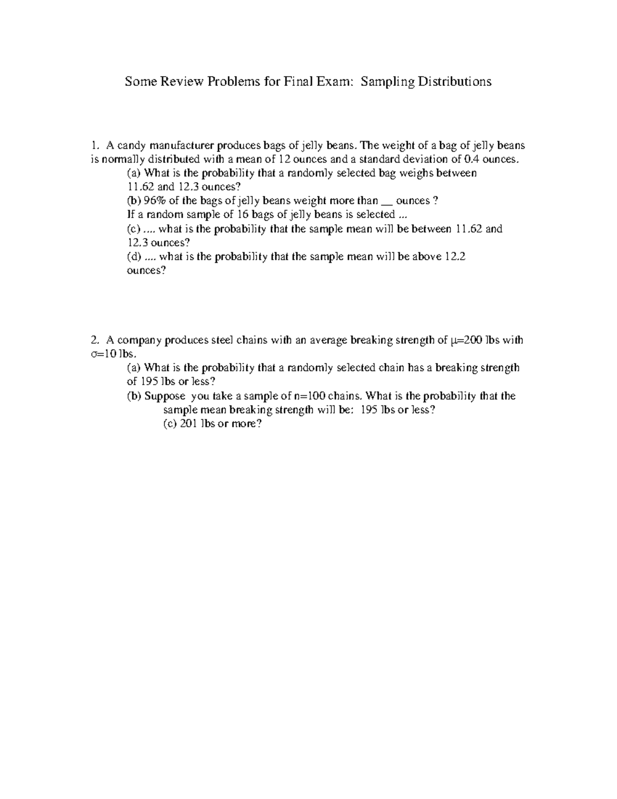 Some Review Problems for Final Exam: Sampling Distributions - A candy ...