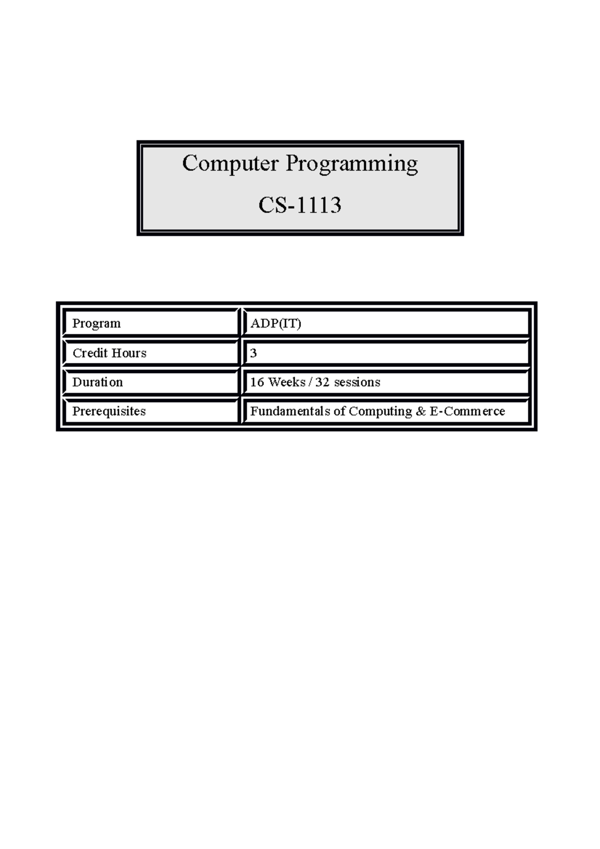Computer Programming (IT) - Program ADP(IT) Credit Hours 3 Duration 16 ...