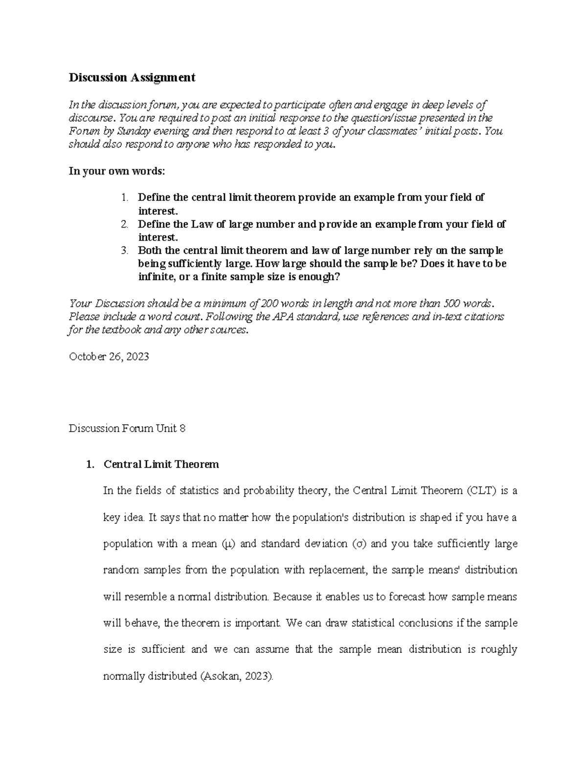 Math 1280 Introduction To Statistic Discussion Forum Unit 8 Term 1 Discussion Assignment In