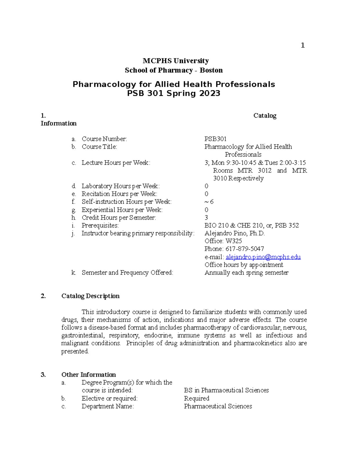 Pharmacology - PSB 301 (2023) - MCPHS University School of Pharmacy ...