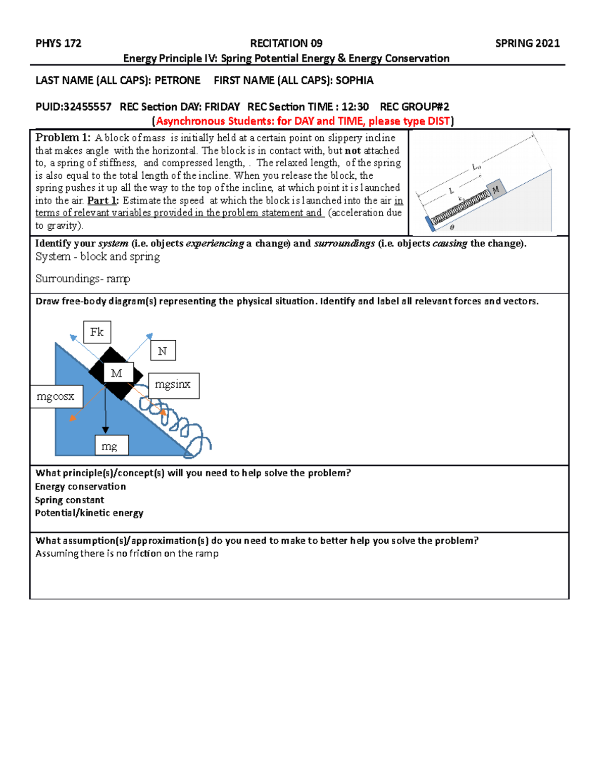 Phys172-S21-Rec09-Final turn in - PHYS 172 RECITATION 09 Energy ...