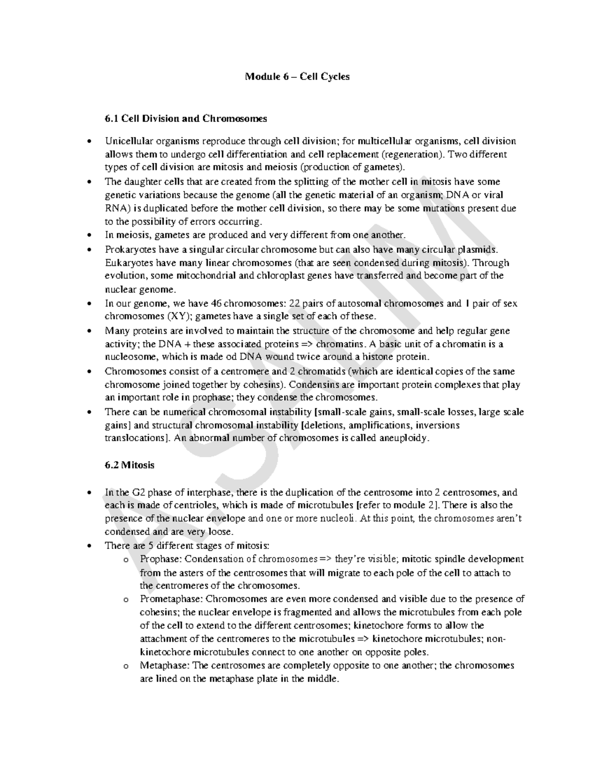Module 6 - Cell Cycle - Professor Delcourt - Module 6 – Cell Cycles 6 ...