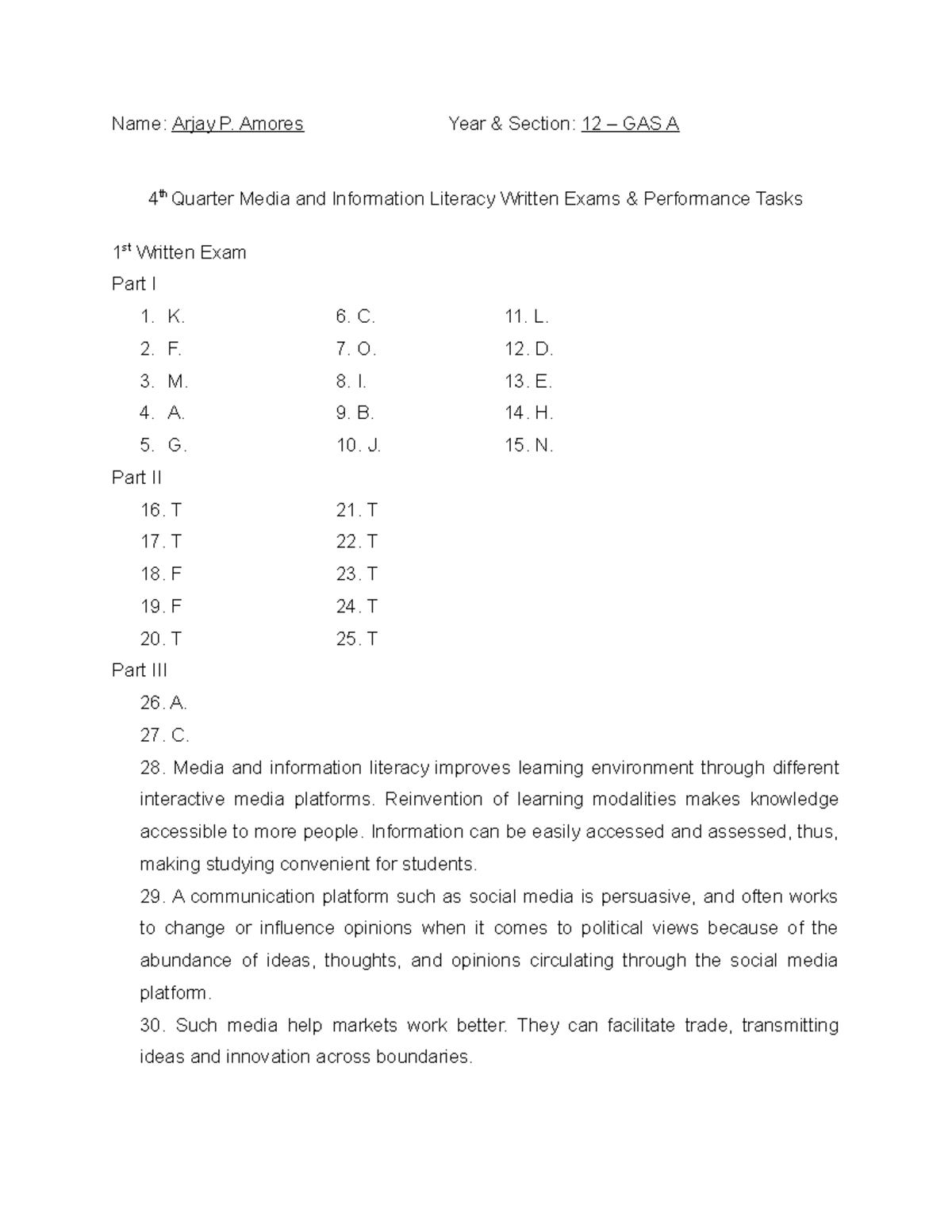 Media and Information Literacy Written Exam & Performance Task - Name ...