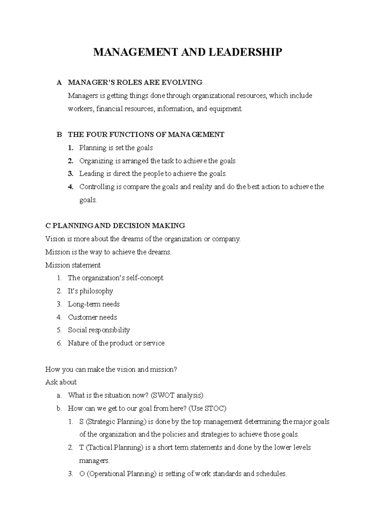 Chapter 7 Management AND Leadership - MANAGEMENT AND LEADERSHIP A ...