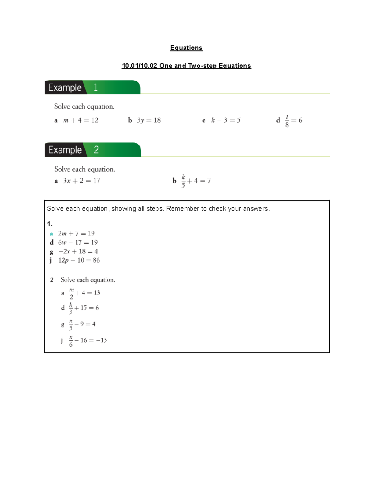 10.01 10.02 One and Two-step Equations - Equations 10.01/10 One and Two ...