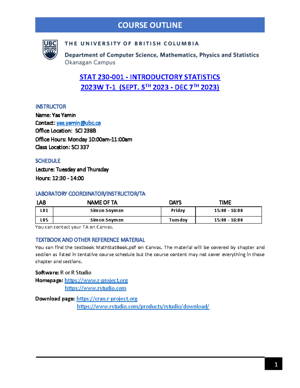 Stat 230 001 2023w T 1 Assignment Course Outline 1 Stat 230 001 Introductory Statistics