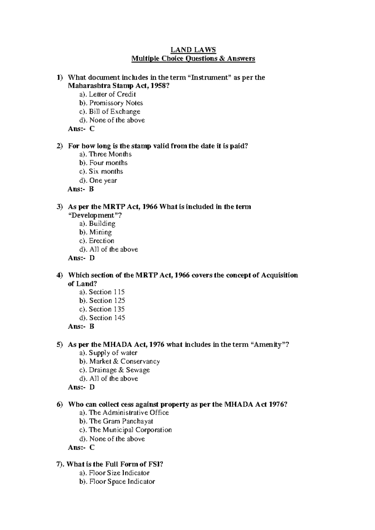 LAND LAWS SEM IV VIII - MCQ FOR land laws - LAND LAWS Multiple Choice ...