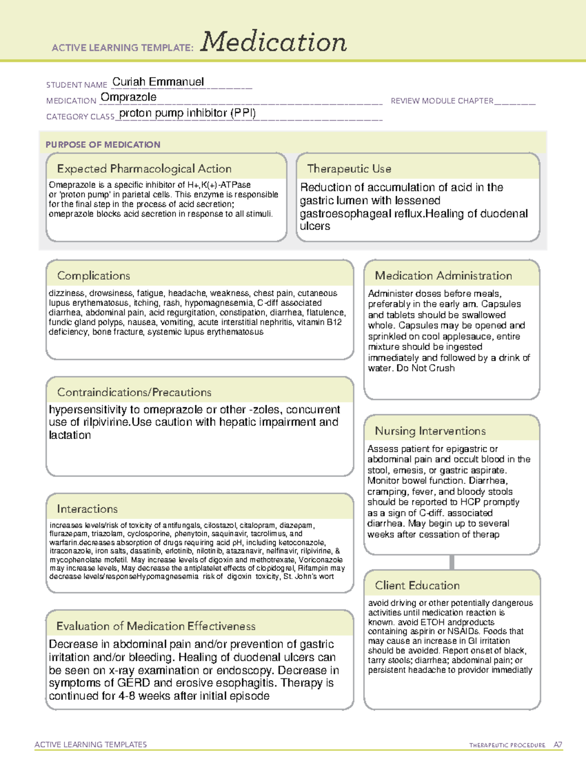Omprazole Med Card - ACTIVE LEARNING TEMPLATES TherapeuTic procedure A ...