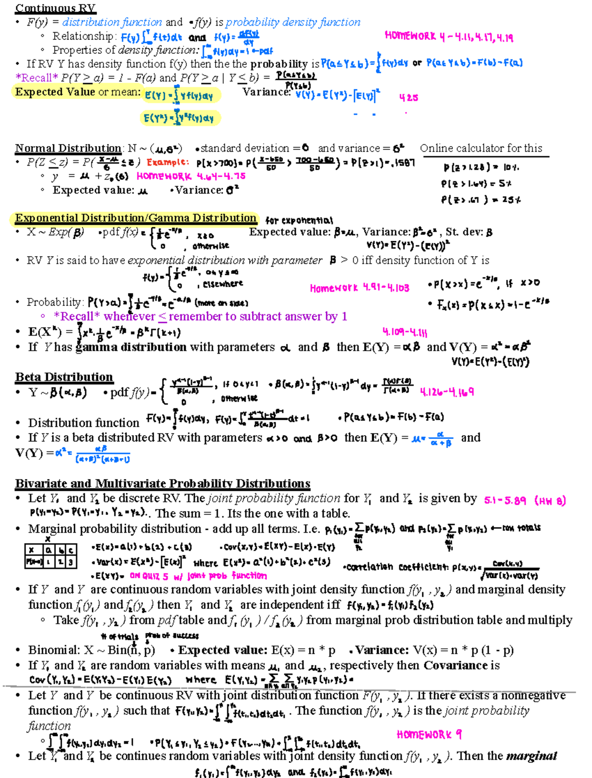 Stat Formulas from part 1 - Continuous RV F(y) = distribution function ...