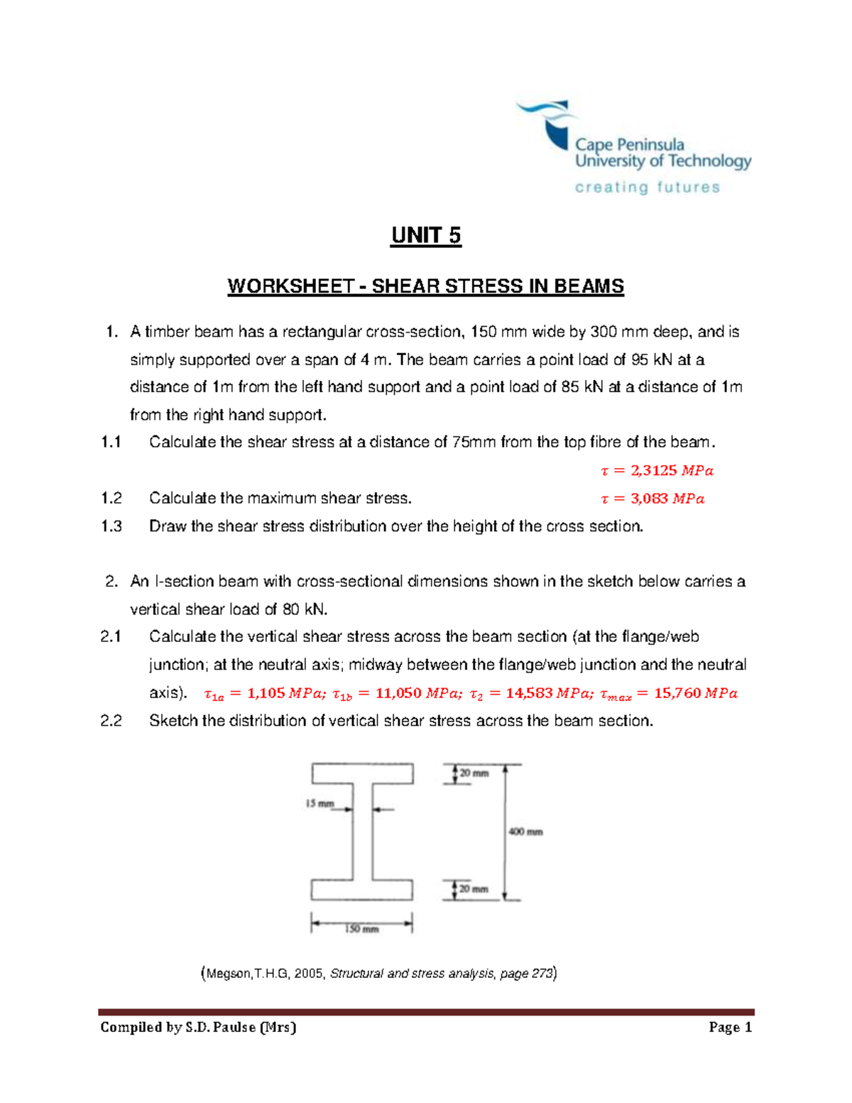 Shear stress in beams worksheet(1) - Copy - Compiled by S. Paulse (Mrs ...