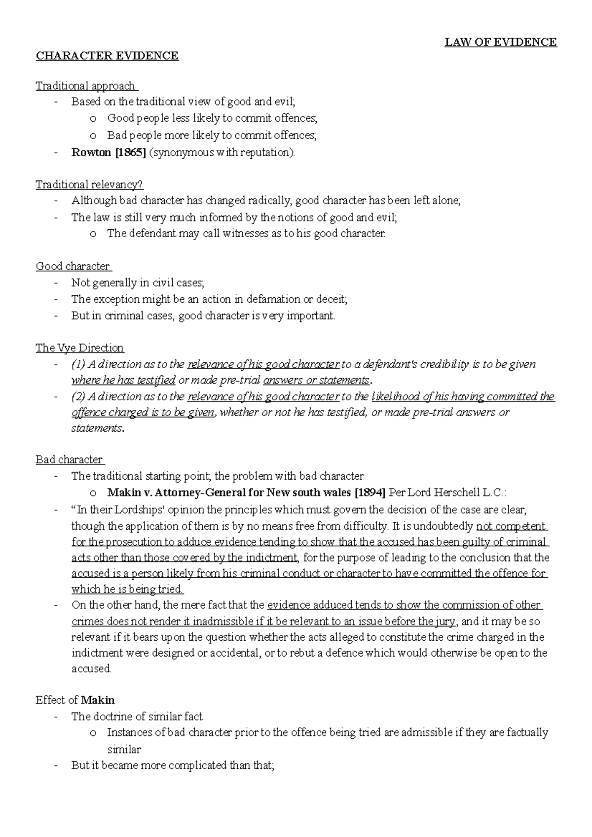 Character Evidence - LAW OF EVIDENCE CHARACTER EVIDENCE Traditional ...