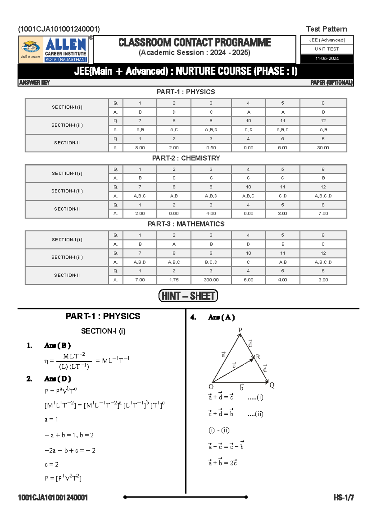 1105 Nurture Phase-I Answerkey & Solution - JEE (Advanced) UNIT TEST 11 ...