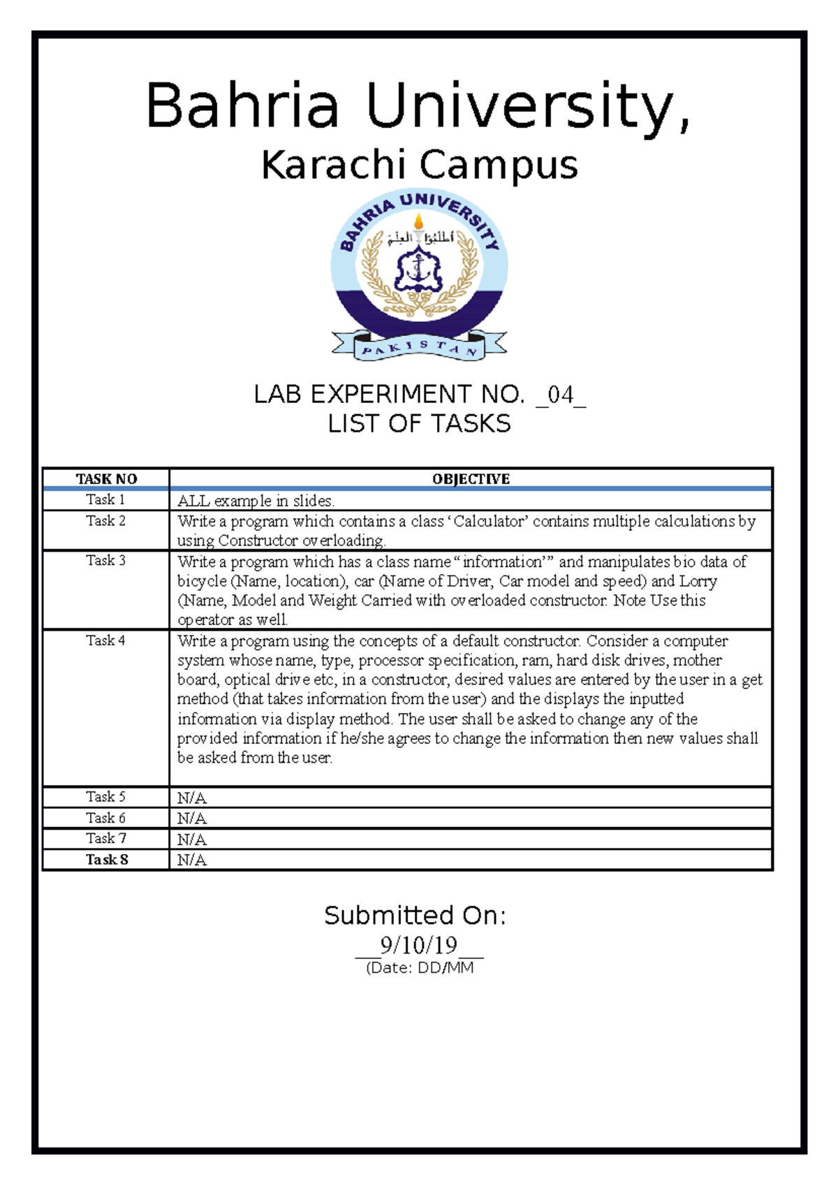 Lab4 Opp Concepts Bahria University Karachi Campus Lab Experiment No 04 List Of Tasks Task