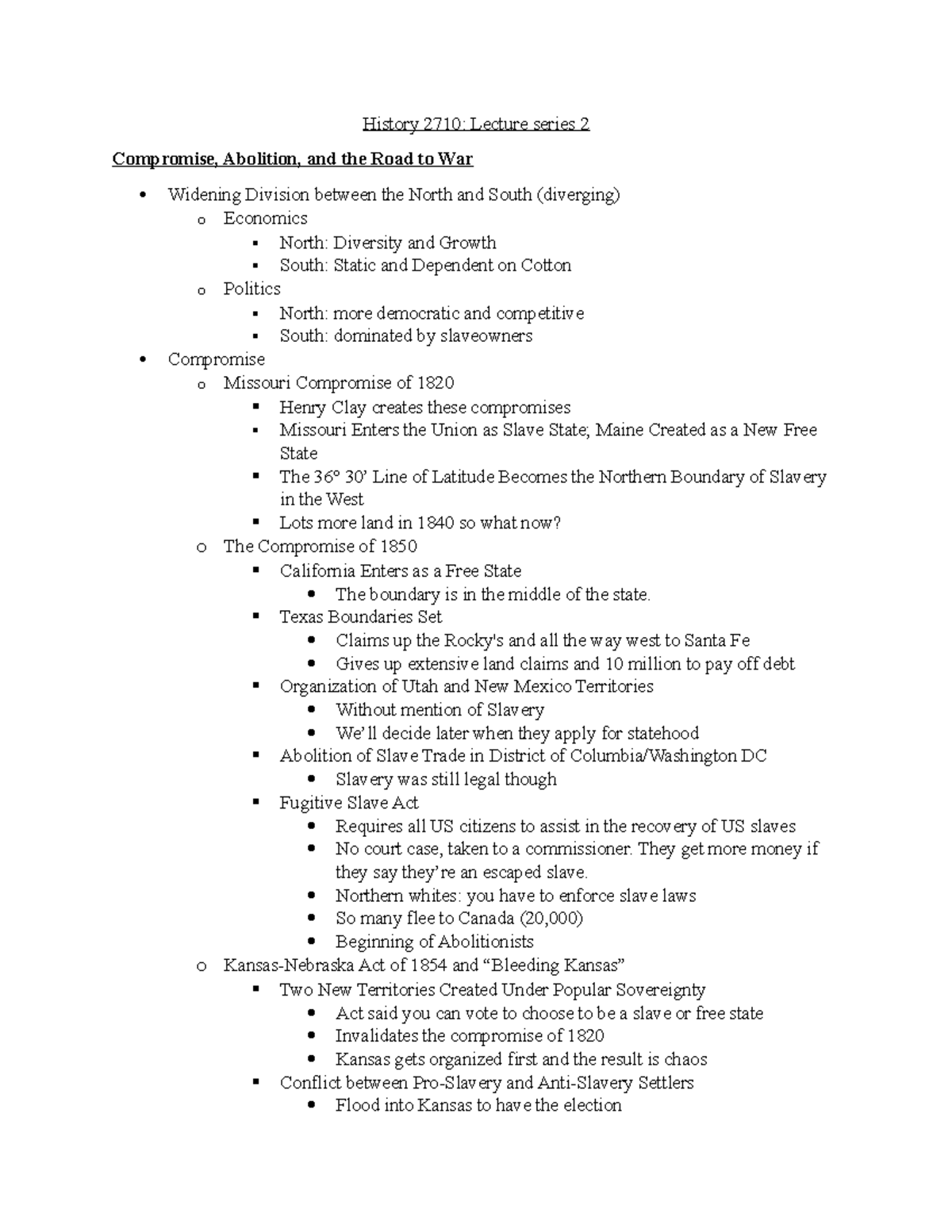 History Lecture Series 2 - History 2710: Lecture series 2 Compromise ...