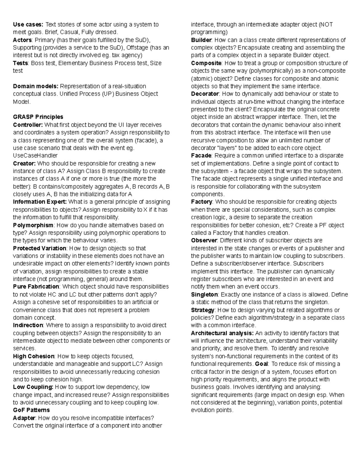 SWEN30006 Cheat sheet - Use cases: Text stories of some actor using a system to meet goals ...