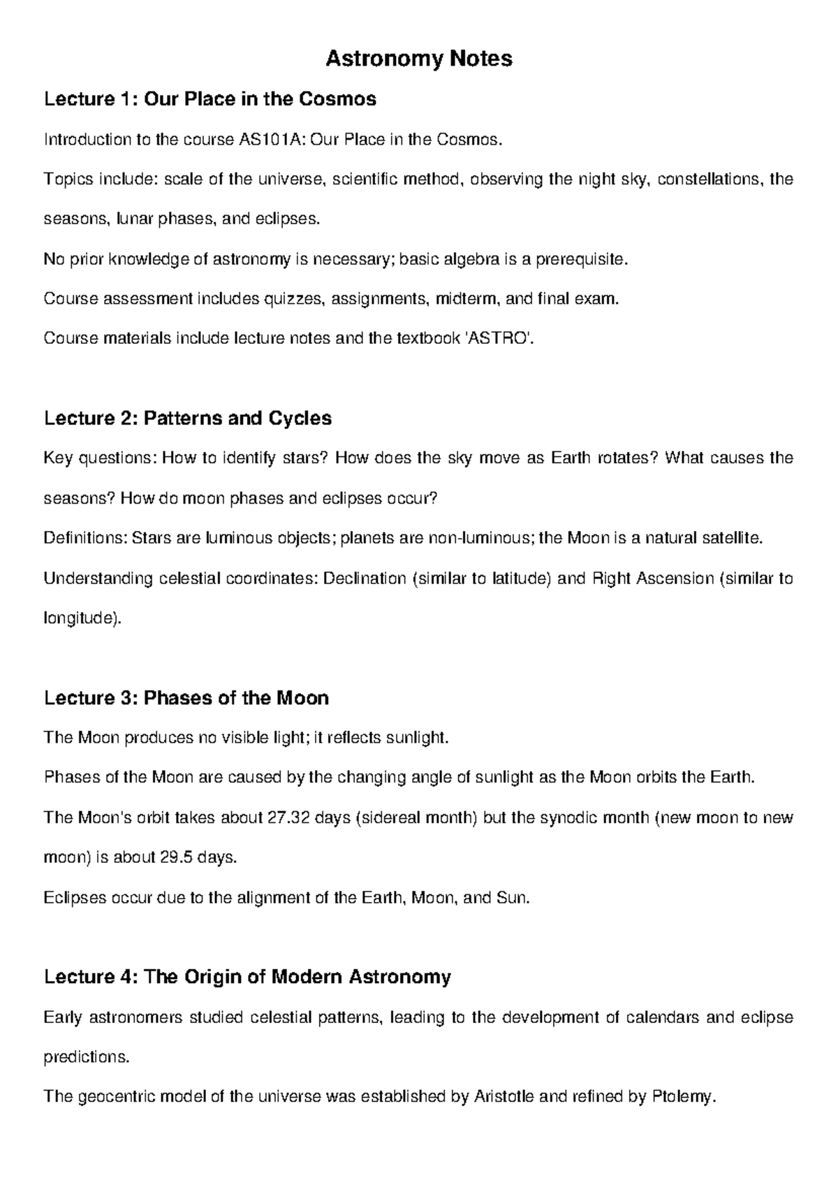 Astronomy notes - Astronomy Notes Lecture 1: Our Place in the Cosmos ...
