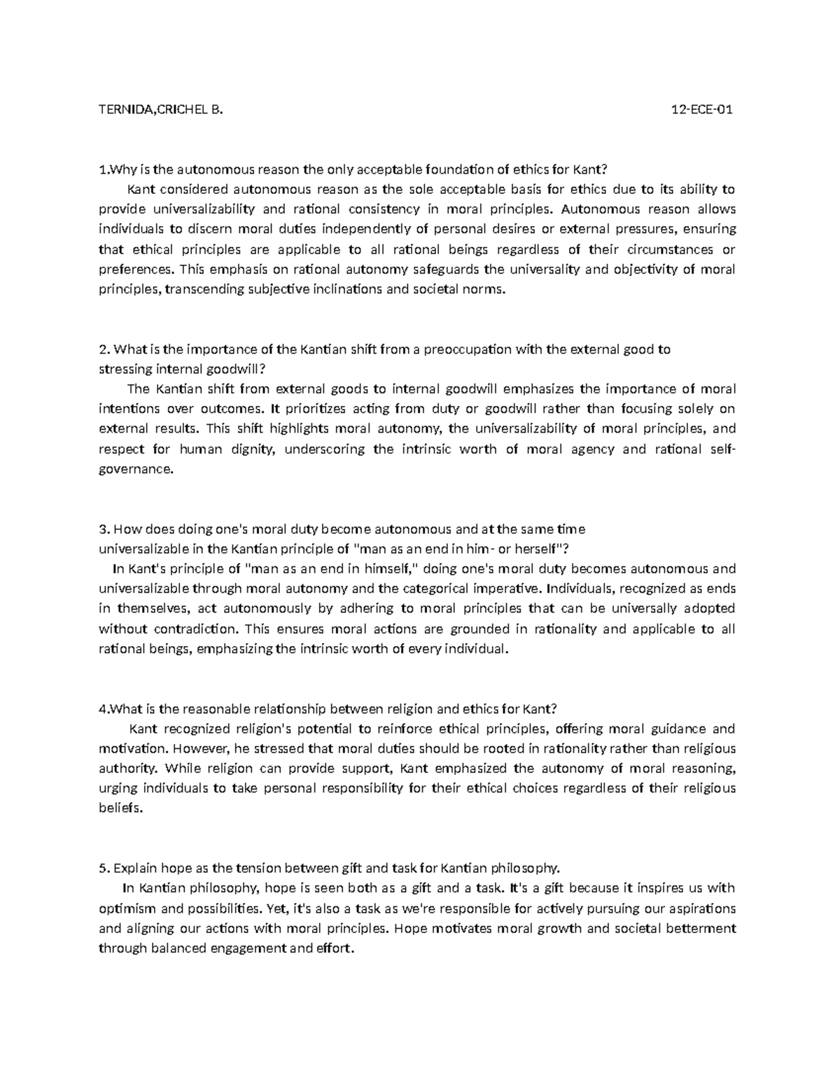 Ethics subject for 1st years - TERNIDA,CRICHEL B. 12-ECE- 1 is the ...