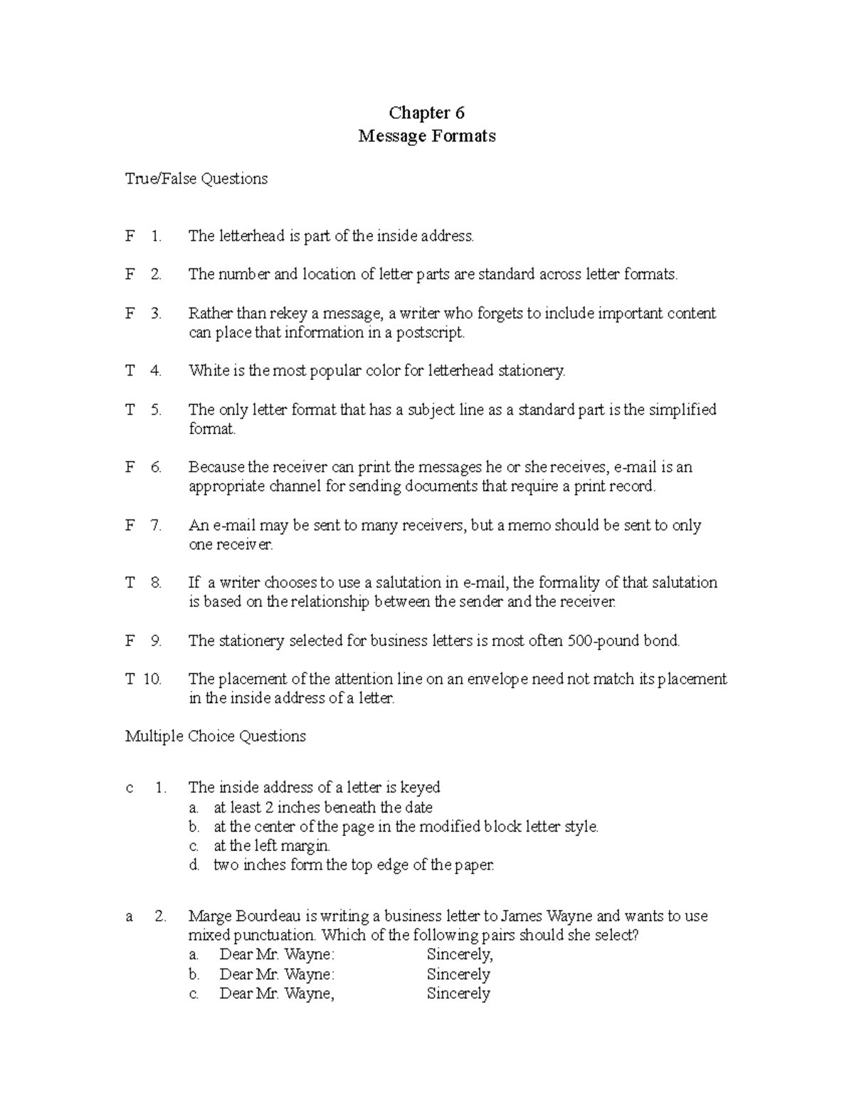 Chapter 6 - Message Formats - Chapter 6 Message Formats True/False ...