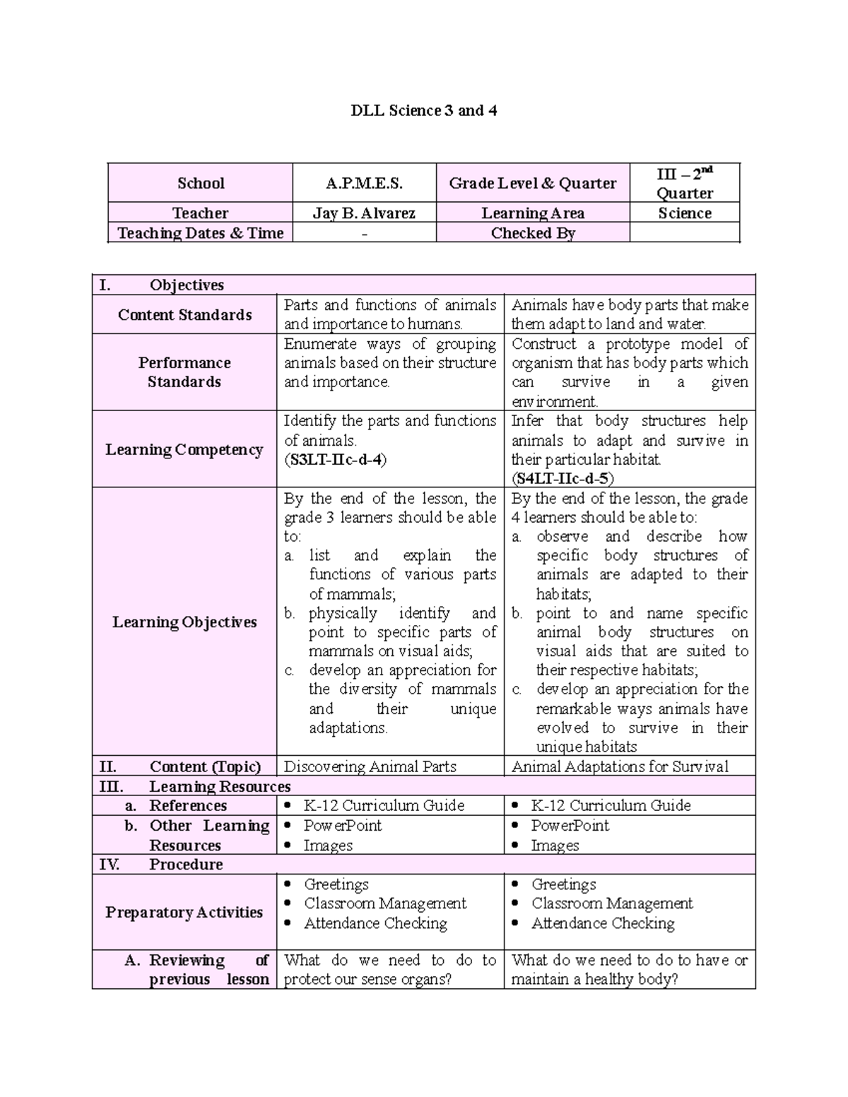 DLL Science 3 and 4 - DLL Science 3 and 4 School A.P.M.E. Grade Level ...