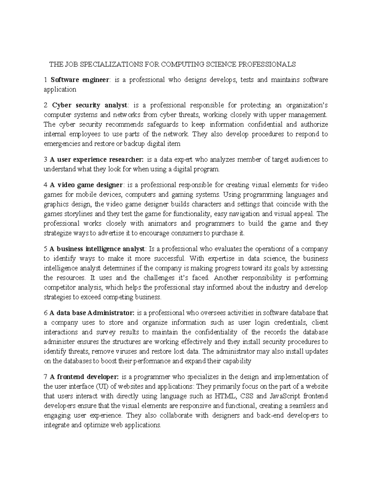 Module 6 - Introduction to Computer science - THE JOB SPECIALIZATIONS ...