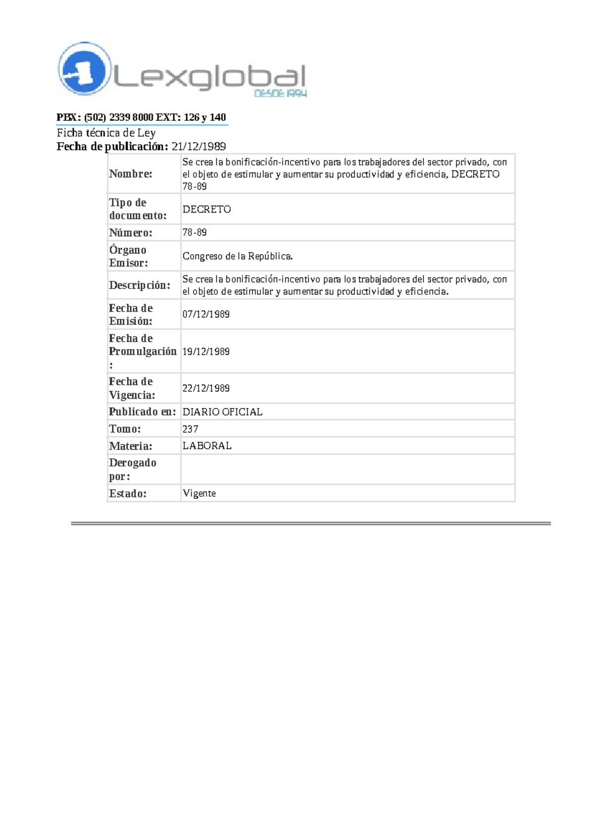 Decreto 78-89 - Bonificación por productividad - PBX: (502) 2339 8000 ...