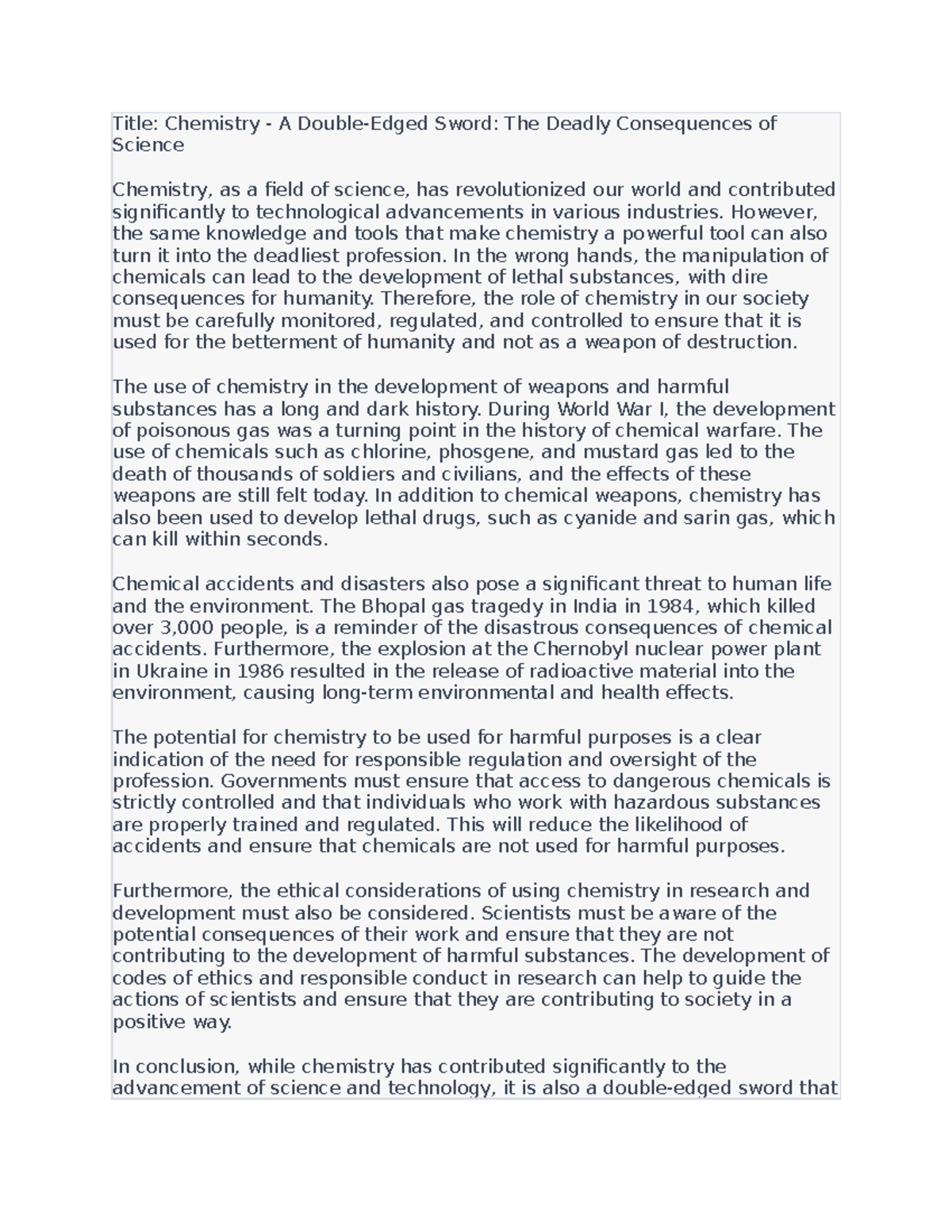 Chemistry - A Double-Edged Sword - The Deadly Consequences of Science ...