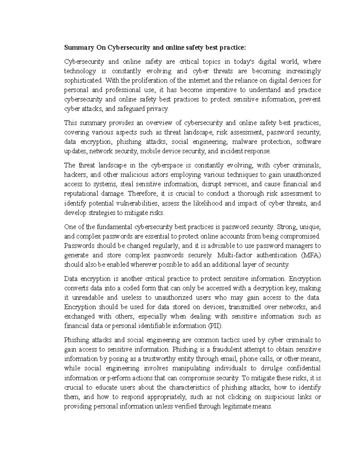Summary On Cybersecurity and online safety best practice - Summary On ...