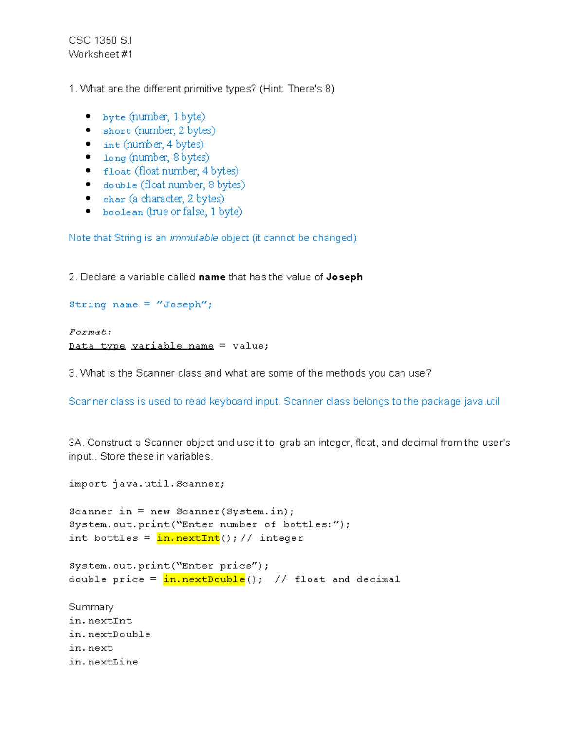 SI Session #1 Worksheet and Answers - CSC 1350 S Worksheet 1. What are ...