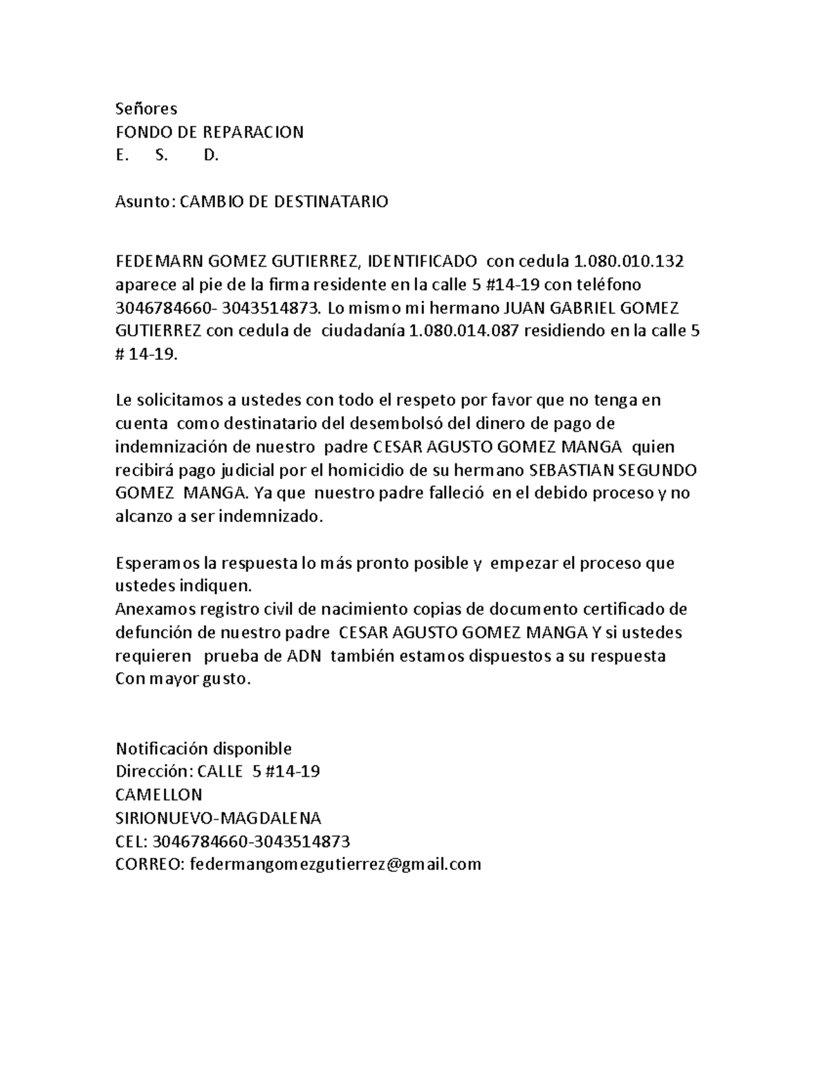 Derecho DE Peticion - FFGGFG - SeÒores FONDO DE REPARACION E. S. D ...