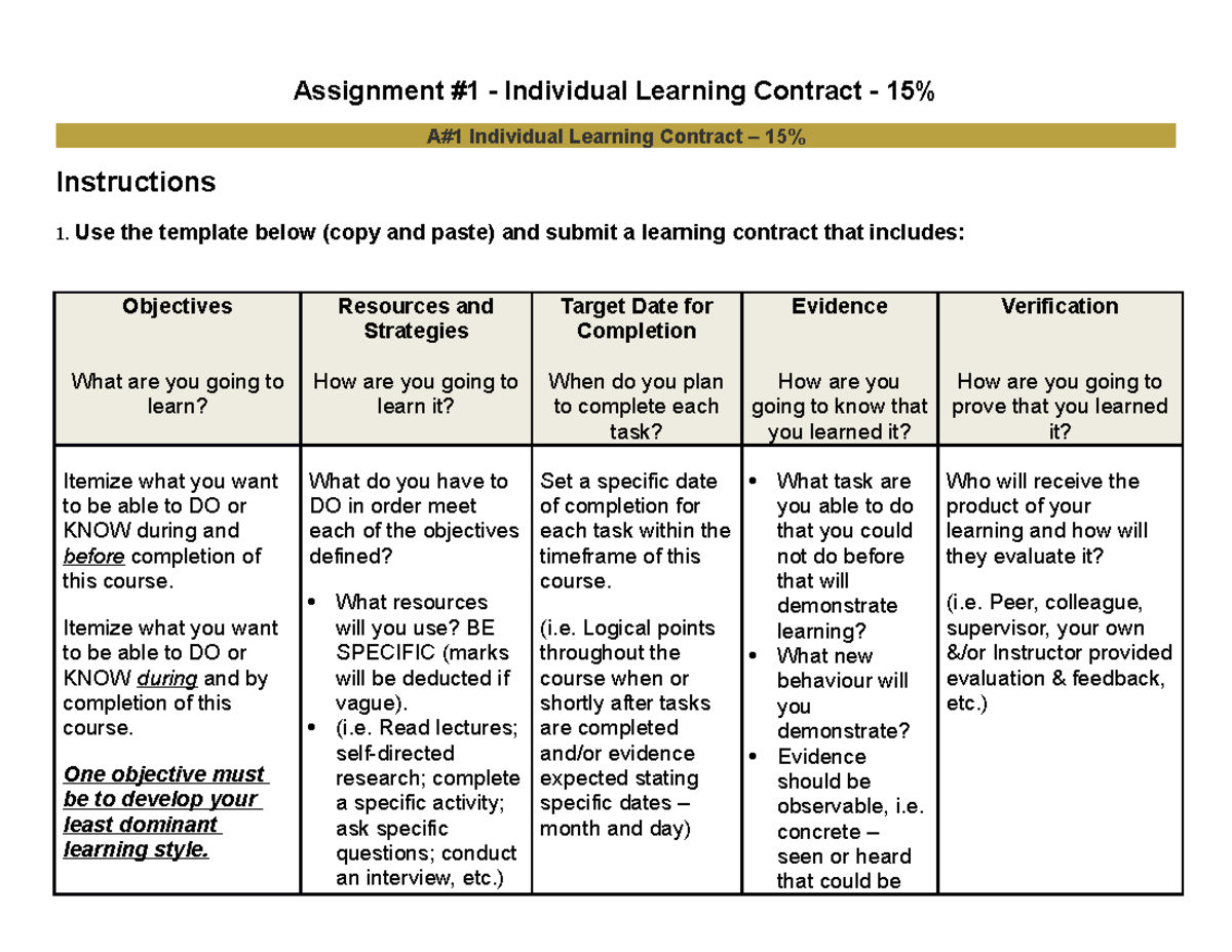 Assignment #1 - Template - WEEK 4 - Assignment #1 - Individual Learning Contract - 15% A#1 - Studocu