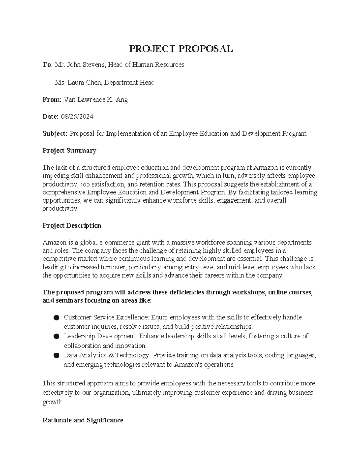 Revised project proposal - PROJECT PROPOSAL To: Mr. John Stevens, Head of Human Resources Ms ...