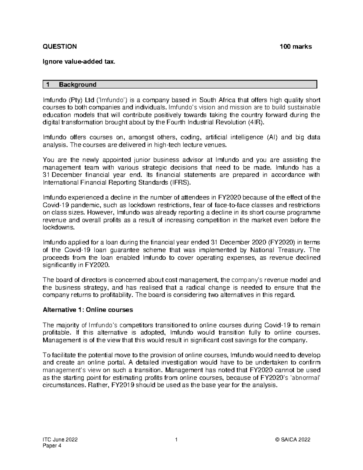 ITC June 2022 Paper 4 Question 1 Imfundo - ITC June 2022 1 © SAICA 2022 ...