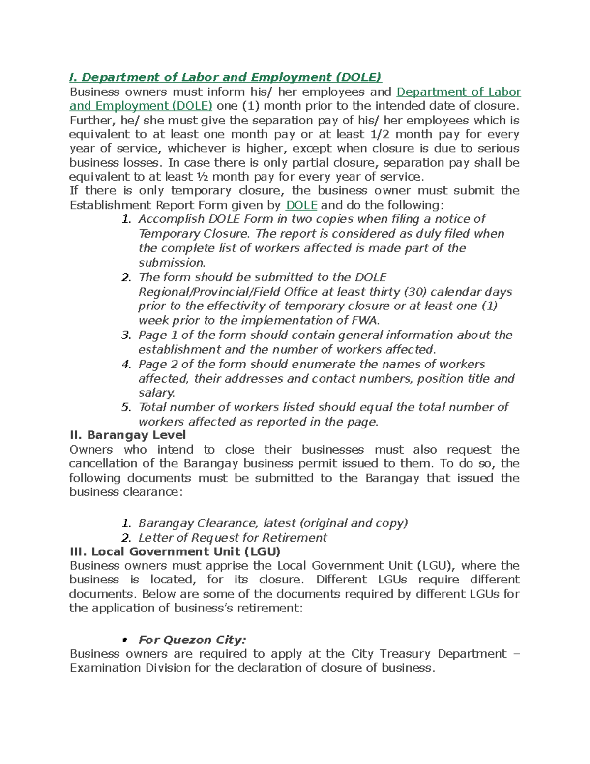 I - closure of Corporation - I. Department of Labor and Employment ...