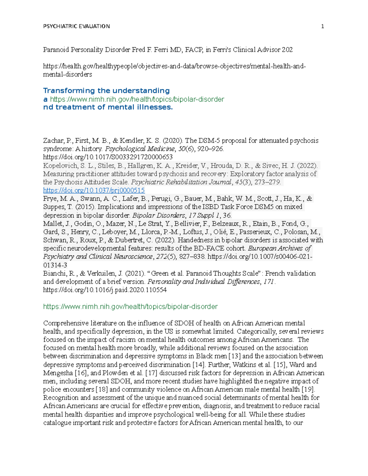 Paranoid Personality Disorder Fred F - PSYCHIATRIC EVAUATION Paranoid ...