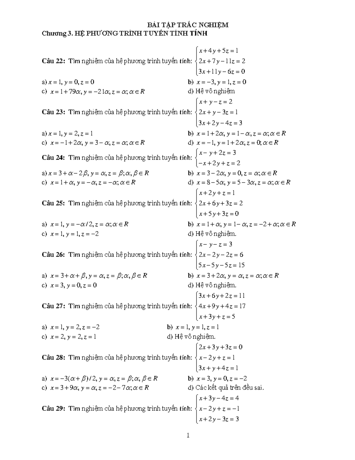 5-Bai Tap Trac Nghiem-He PTTT - BÀI TẬP TRẮC NGHIỆM Ch°¢ng 3. HỆ PH ̄¡NG TRÌNH TUYẾN TÍNH TÍNH ...