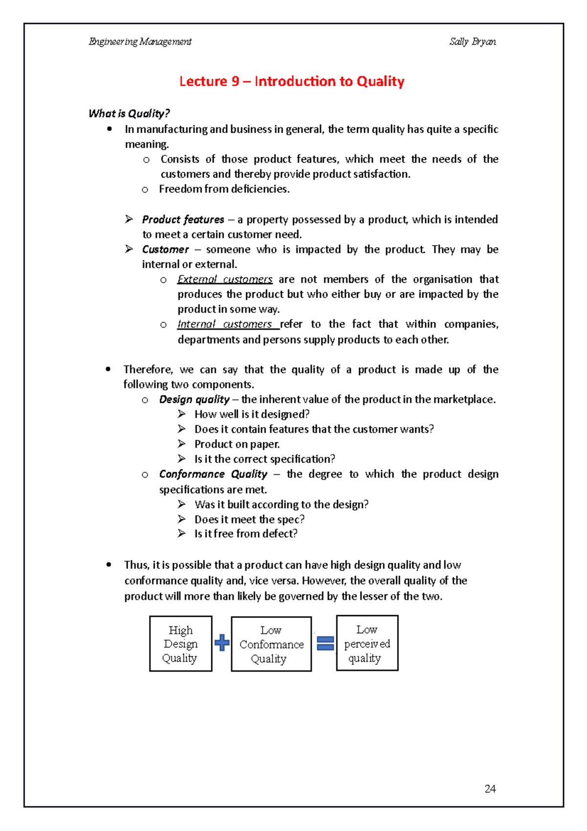 Handout 3 - Quality - Detailed notes from Lecturer Sally Byran, edited ...