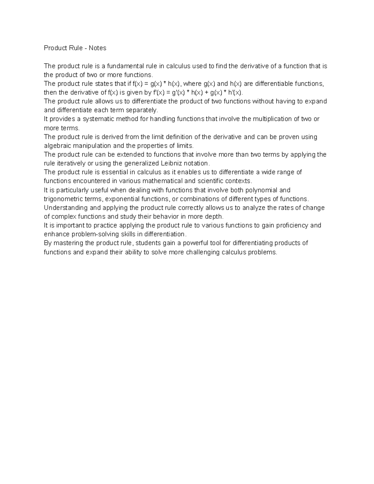 CALC 1 Product Rule - Product Rule - Notes The product rule is a ...