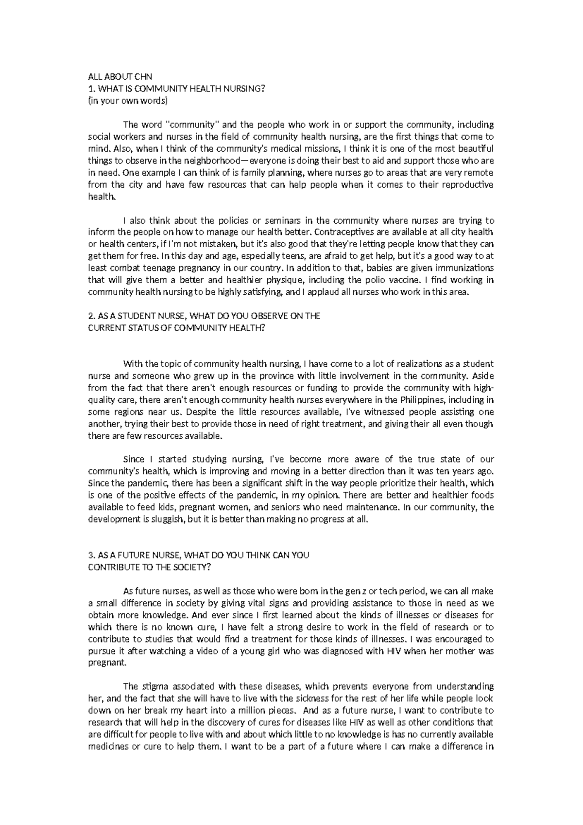 ALL About CHN - ALL ABOUT CHN 1. WHAT IS COMMUNITY HEALTH NURSING? (in ...