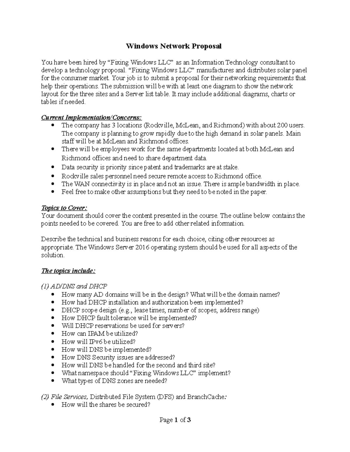 Network Proposal - Networking - Windows Network Proposal You have been ...
