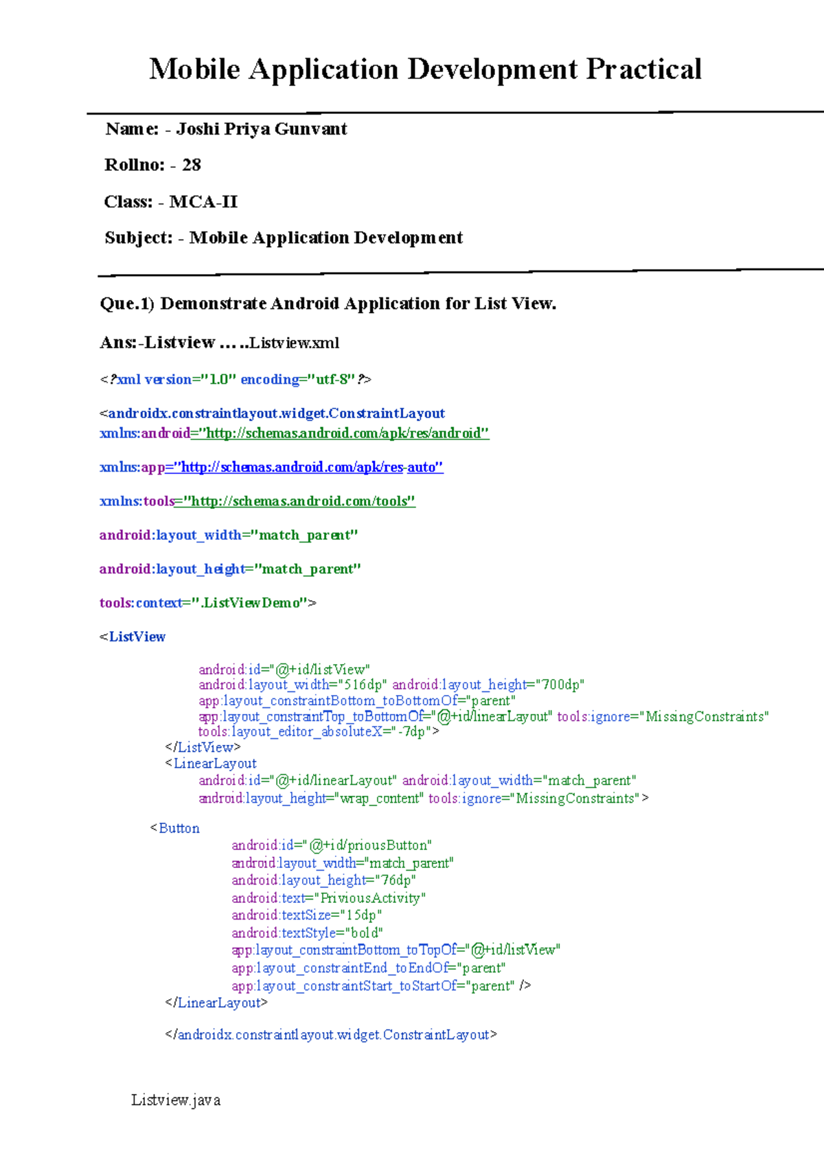 MADpractical - Mobile Application Development Practical Name: - Joshi ...