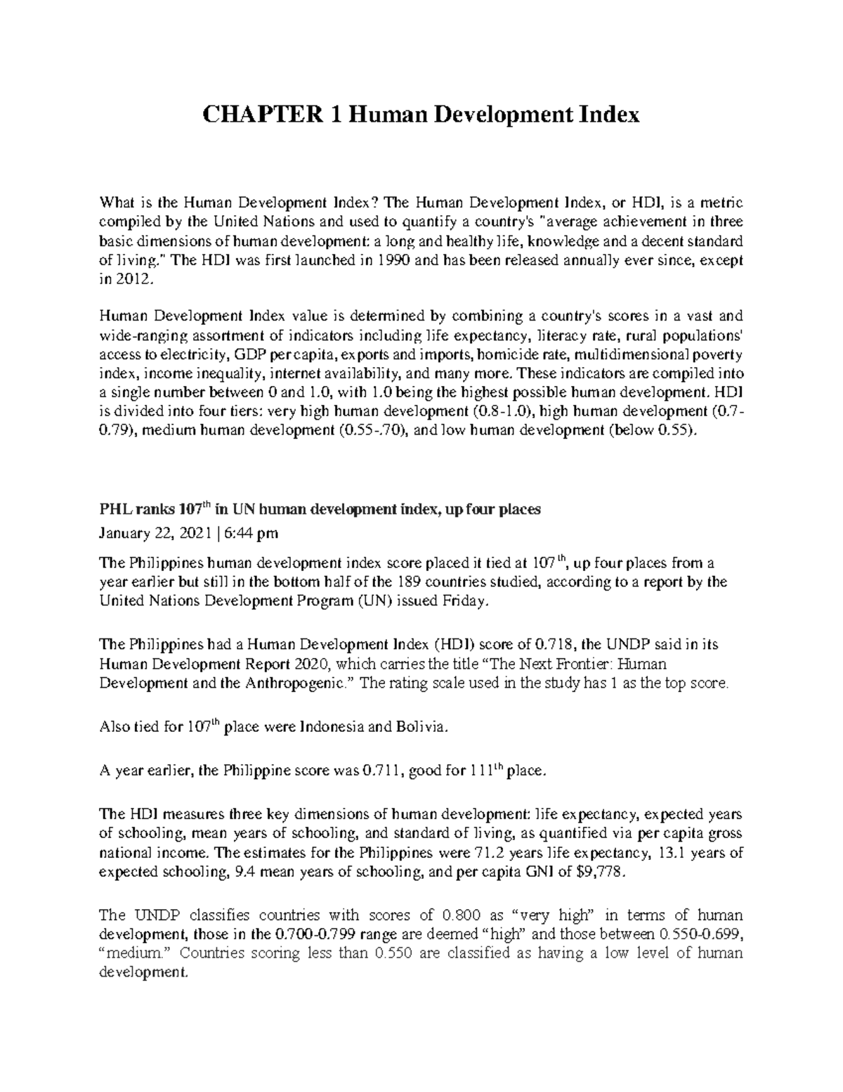 Updated Chapter 1 Human Development Index of 2019 and Projected HDI ...