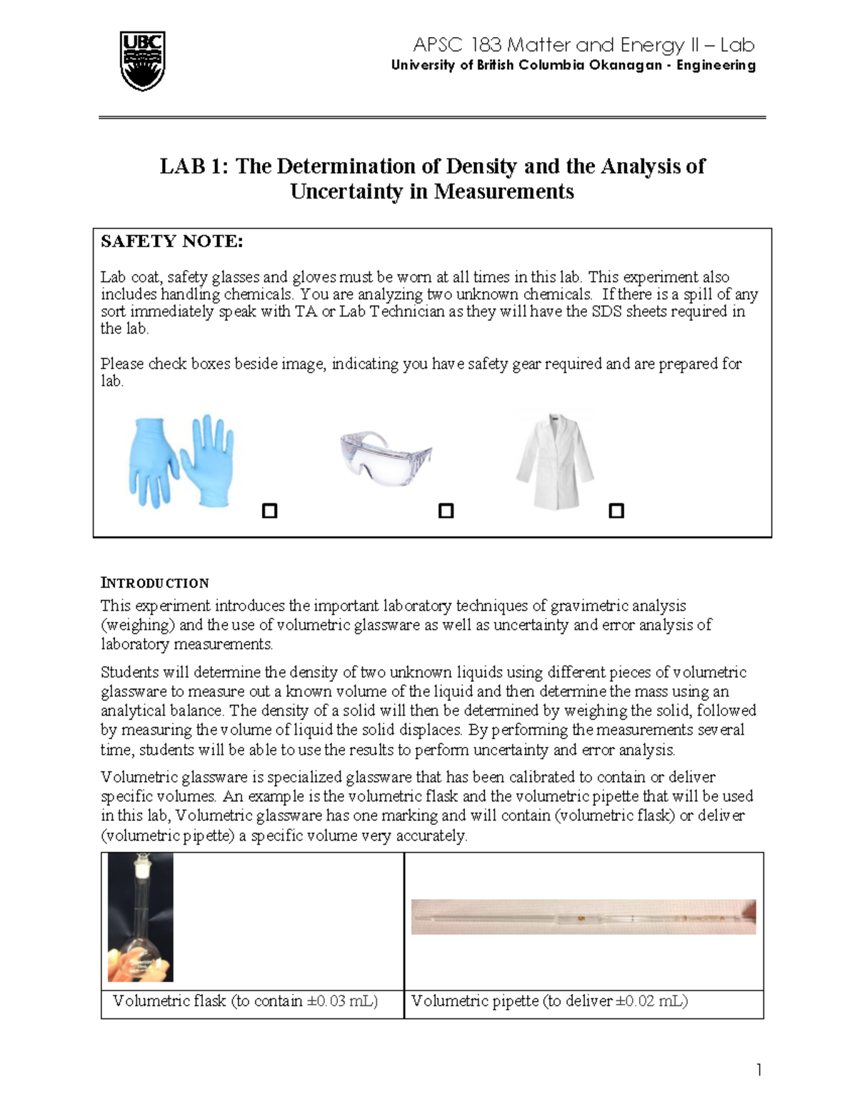 APSC183 Lab 1 Density of Solids and Liquids - University of British ...