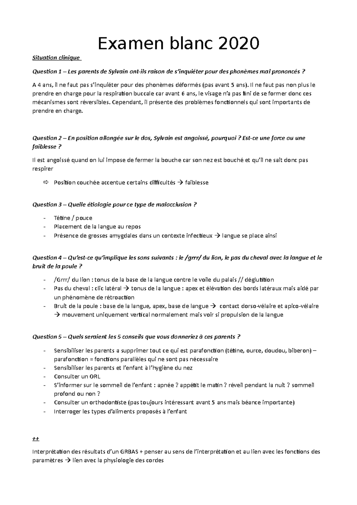 "Examen blanc" ORL - Examen blanc 2020 Situation clinique Question 1 – Les parents de Sylvain ...