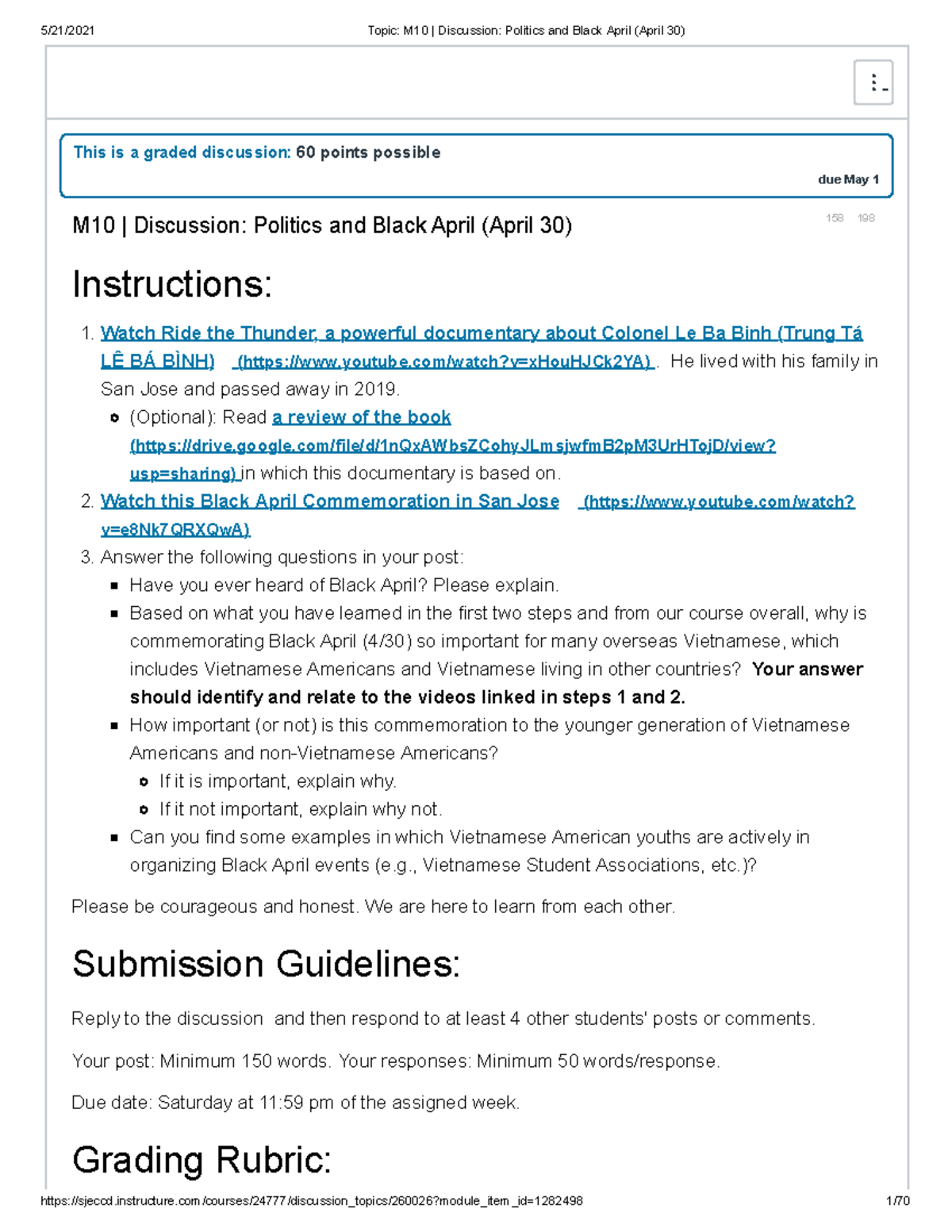 topic 10 - discussion - This is a graded discussion: 60 points possible ...