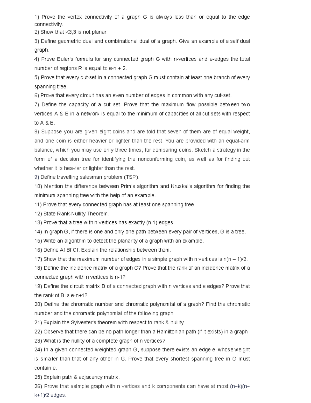 Graph Theory Assignment - Prove the vertex connectivity of a graph G is always less than or ...