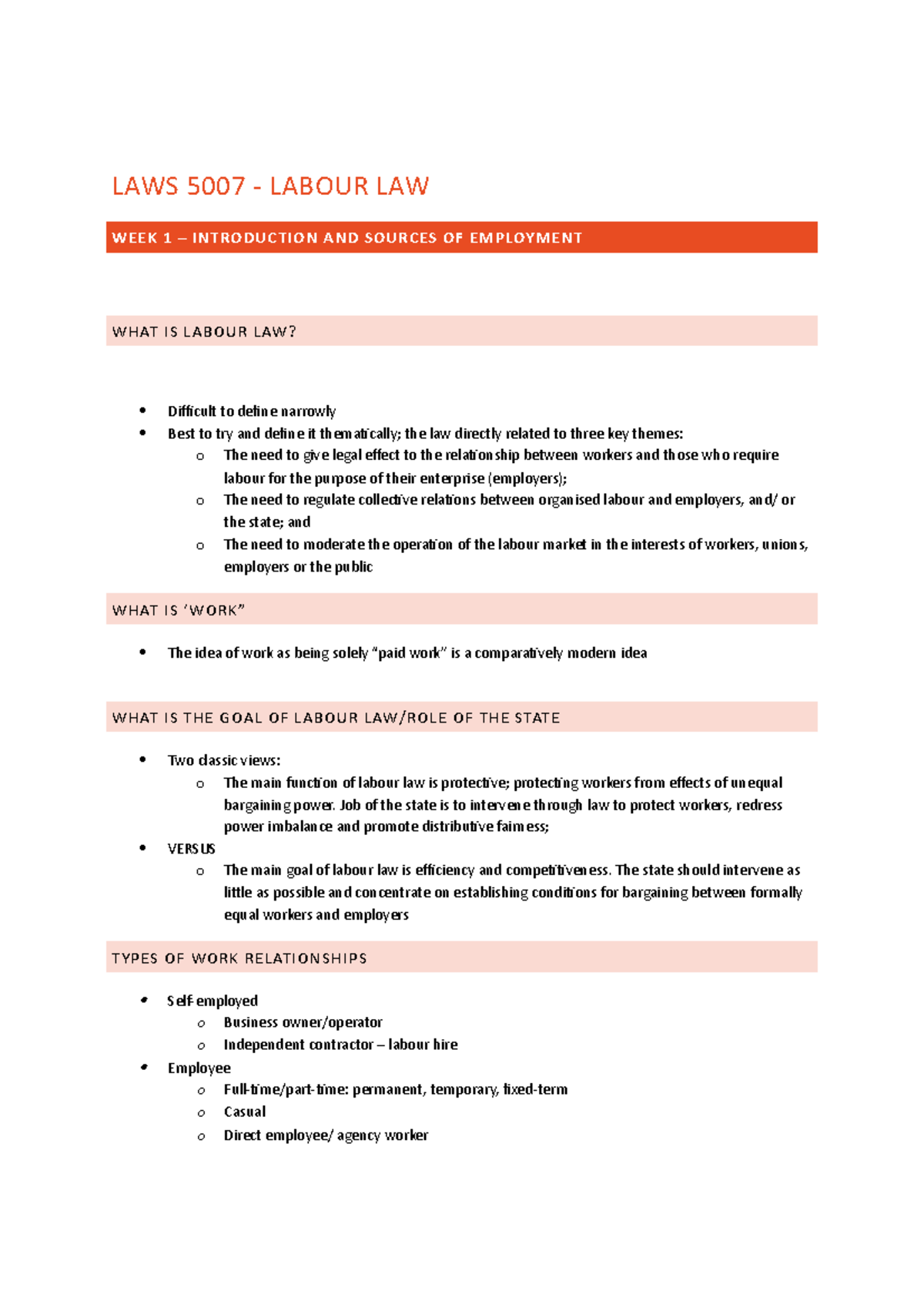 Lecture Notes - LAWS 5007 - LABOUR LAW WEEK 1 – INTRODUCTION AND ...