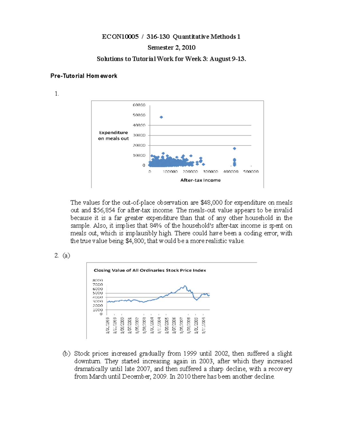 Tutorial wk3 Solutions - ECON10005 / 316-130 Quantitative Methods 1 Semester 2, 2010 Solutions ...