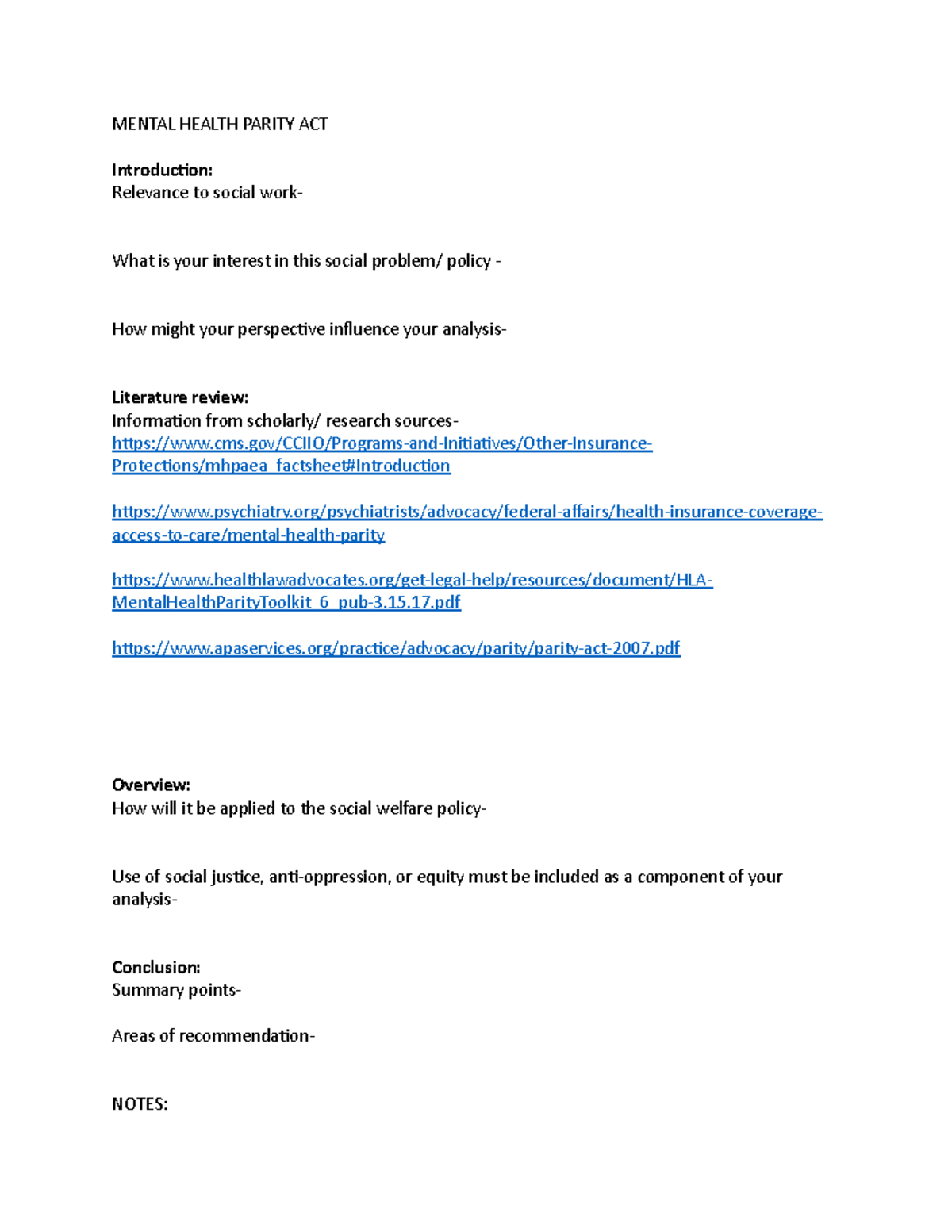 Outline 1 mental health parity act - MENTAL HEALTH PARITY ACT ...